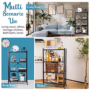 Pawtrice 4-Tier Foldable Shelf, Black-Strong and Durable Multipurpose Folding Shelves for Stroage with Locking Wheels-Easy to Assemble, Clean, Fold