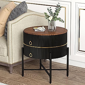 O&K FURNITURE Black Round Side Table for Living Room, Modern End Table with 2 Drawers, Metal Legs Nightstand for Bedroom, Black & Brown