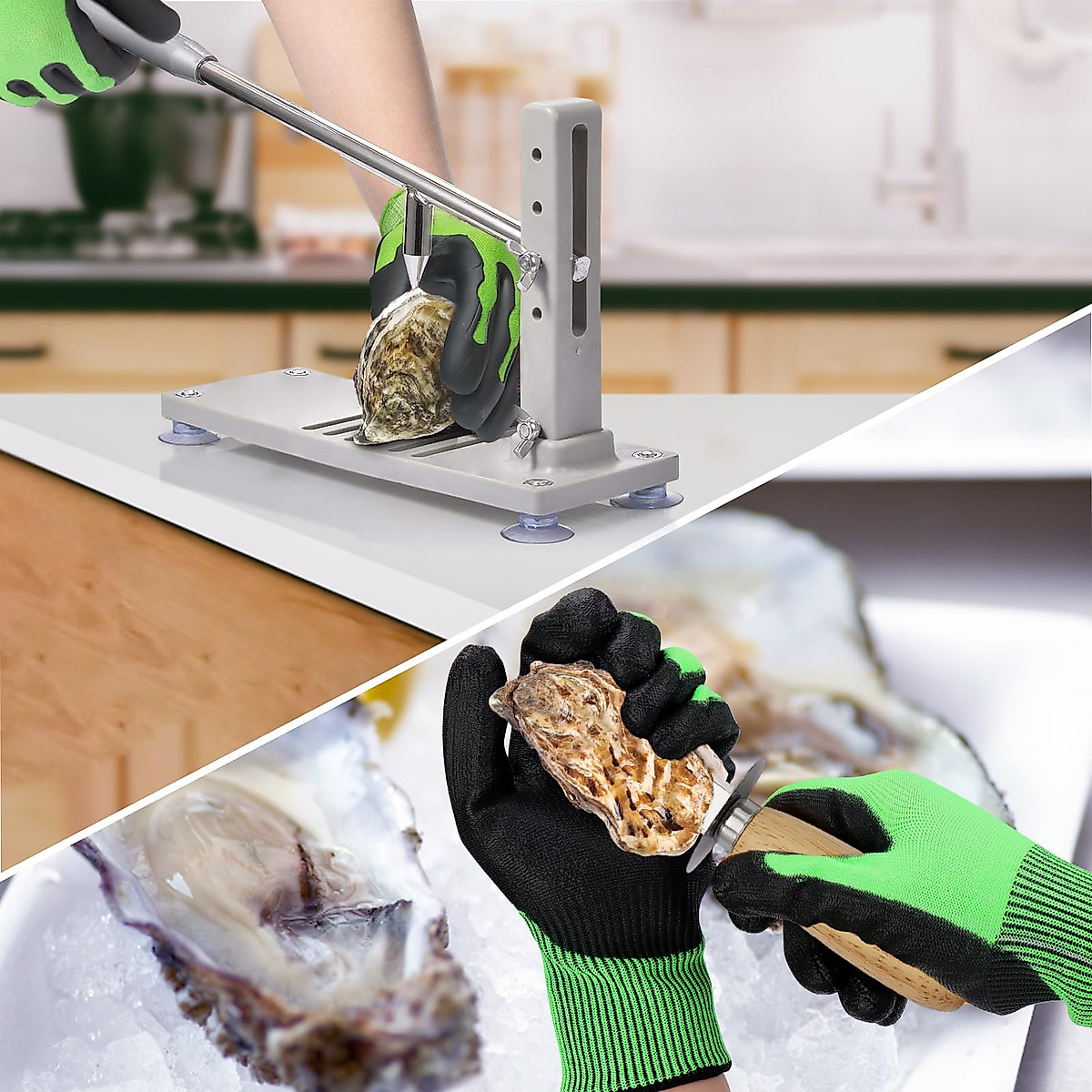 Palksky Oyster Shucking Gloves, Oyster Shucker Tool Protectors Handguard, Oyster Opener Machine Kit, Easy to Use Oyster Holders Seafood Tool (Green-Black