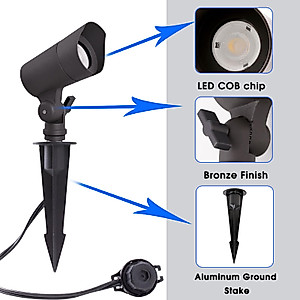 E ENERGETIC LIGHTING LED Landscape Lights with Connectors, 12V Low Voltage, Warm White 3000k, 4W, 175LM, Outdoor Waterproof Garden Pathway Lights Wall Tree Flag Spotlights with Spike Stand, 2 Pack