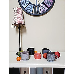 Essential Drinkware 14oz Stackable Ceramic Coffee Mugs with Metal Rack, Assorted Colors - Set of 4 Space Saving Durable Stacking Cups with Speckled Finish