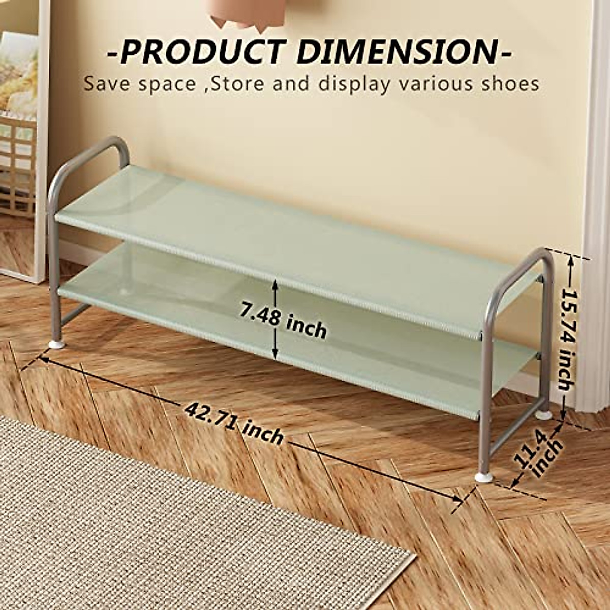 INGIORDAR 2 Tier Long Shoe Rack Wide Shoe Shelf Organizer and Storage for Floor Entryway Closet Shoe Stackable Wide Shelf Holds 12 Pairs of Sneakers Women Heels Boots, Grey