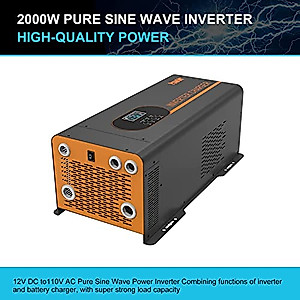 PowMr 2000W Hybrid Inverter Pure Sine Wave Inverter Output 12VDC~110V AC Low Frequency Inverter Home Solar Inverter with LCD Display with 12V Lead-Acid and Lithium Battery
