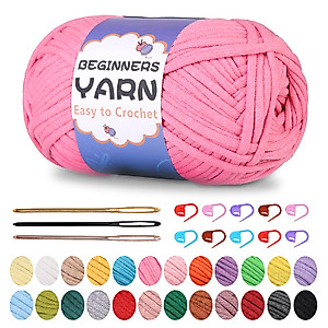 200g/7Oz Yarn for Crocheting, Crochets Yarn, Easy Yarns for Beginners with Easy-to-See Stitches, Stitch Marker, Big Eye Blunt Needle, Beginner Yarns for Crocheting (Pink)