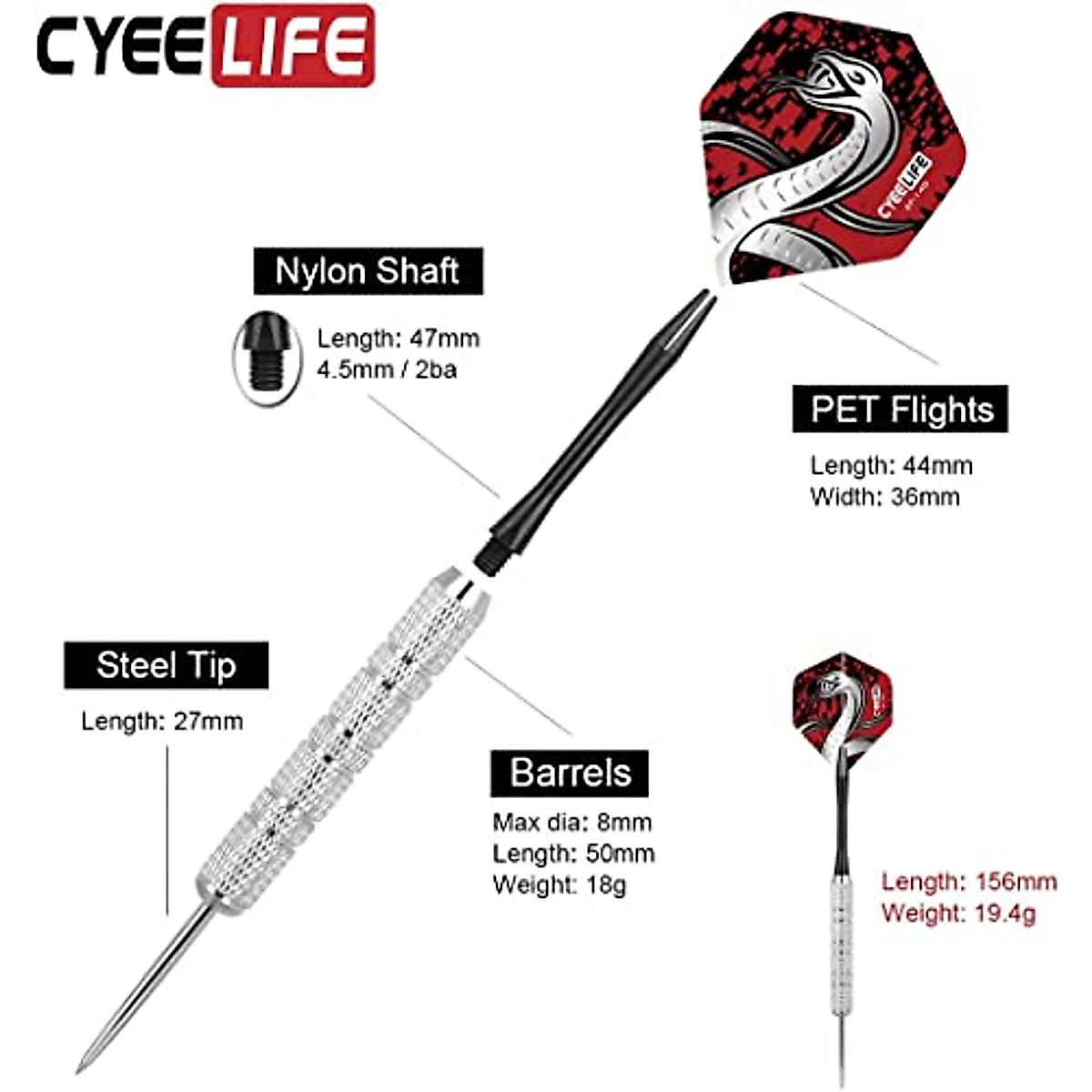 CyeeLife Steel tip Darts 20g,Nylon Shafts+42 Flights(14 Designs)+Sharpener,for 4 Beginners