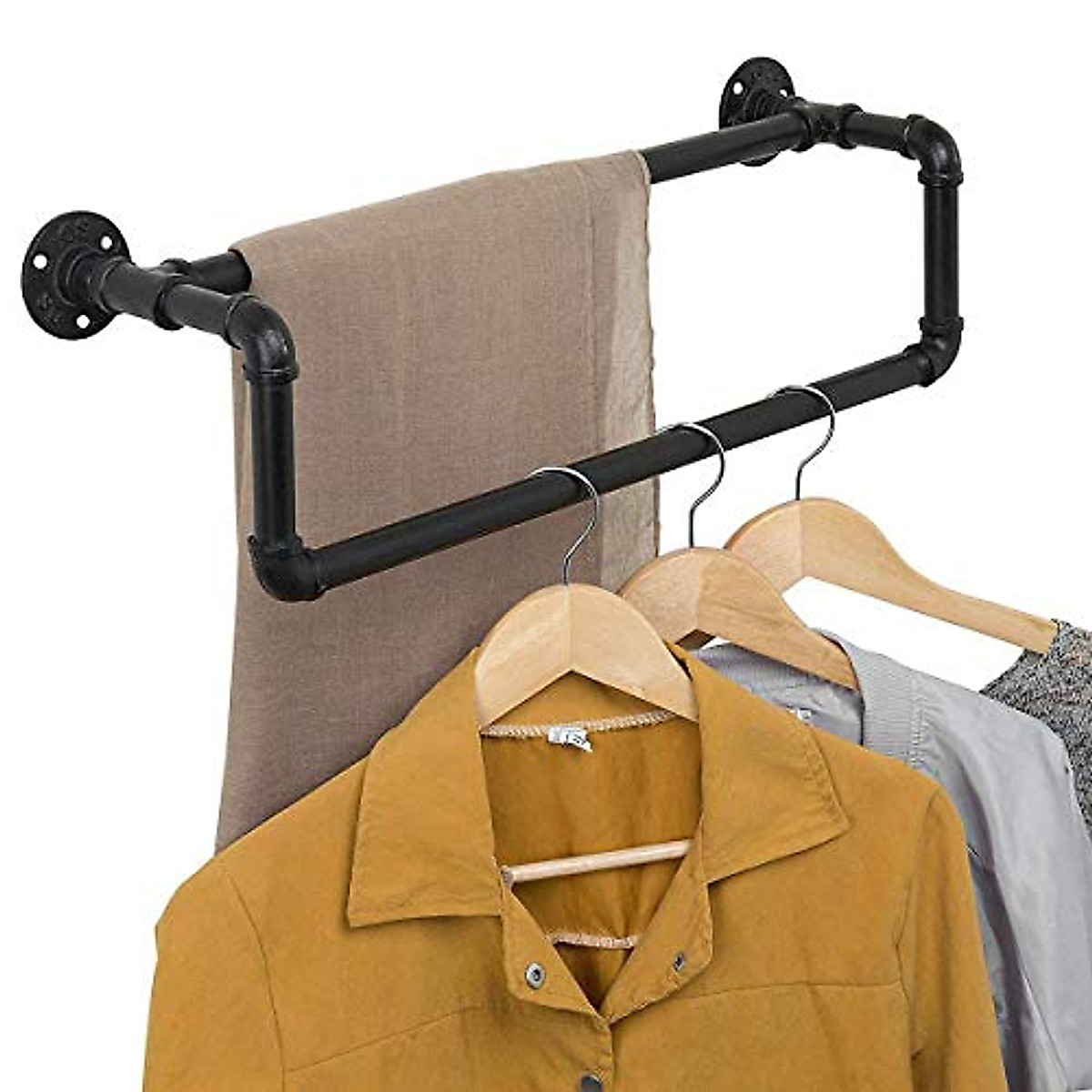 Rustic Industrial Wall Mount Pipe Hanger Holder Rack Clothes Bar,Double Towel Holder Hanger Rails,Iron Towel Rail,Multifunction Retro-Styled Bathroom Rack, Black