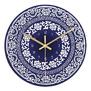 Lafocuse 12 Inch Blue and White Wall Clock, Navy Blue China Ceramic Wall Clock for Living Room Decor, Kitchen Clock Wall Decorative Battery Operated Silent Non-Ticking Bedroom Home Office