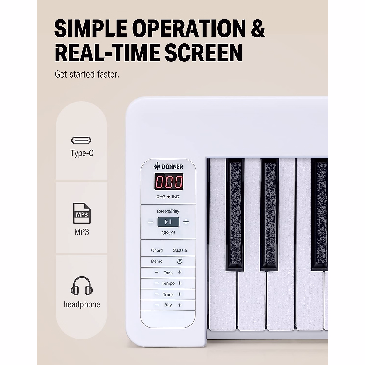 Donner 61-Key Folding Bluetooth Keyboard Piano for Beginners, Portable Piano Keyboard with Music Rest, Bag, Pedal, and App - White