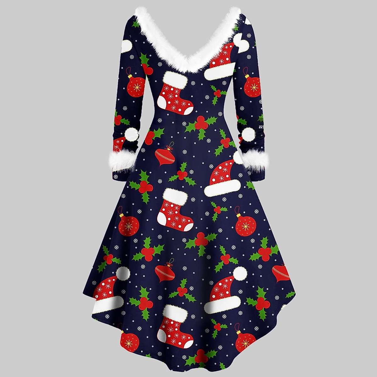 Red Dresses for Women Sexy Santa Christmas Printed Midi Dresses Furry V-Neck A-Line Swing Party Dress Cosplay Costume