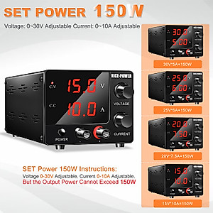 NICE-POWER DC Power Supply Variable 0~30V 0~10A, 3-Digits LED Display Current and Voltage Adjustable 150W Fixed with Encoder DC Bench Power Supply 15V 10A/30V 5A,Electroplating DIY etc DC Power Supply