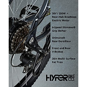 Hyper E-Ride Electric Mountain Bike for Adults 26 Inch. 250w, 36v Battery, Mountain Ebike with Shimano 6-Speed with Front Dual Shock Absorber. Electric Bicycle for Adults.