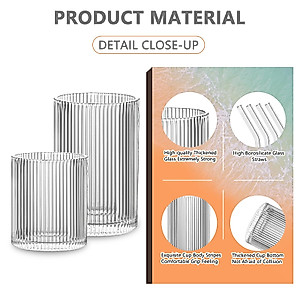 INSETLAN Set of 8 Ribbed Glassware - 4 Large Glasses 17 oz, 4 Rocks Glass Cups 10 oz, Vintage Glassware Cocktail Glasses, Ideal for Beer, Juice, Water, Ice Coffee Cup, Whiskey, Mixed Drinkware