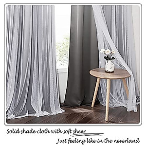 PONY DANCE Living Room Curtains - Blackout Curtains Grey Ombre with White Sheer Overlay Thermal Insulated Mix & Match for Home Decoration with Tie Ropes, W52 x L84 inch, 2 Panels