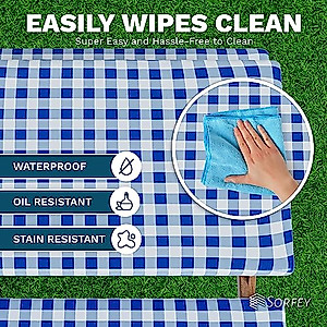 Sorfey Picnic Table Cover with Bench Covers -Fitted with Elastic, Vinyl with Flannel Back, Fits for Table 28"x 72" Rectangle,Water Proof, Easy to Clean, Checked Blue Design