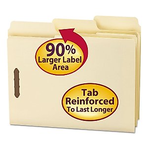 Smead SuperTab® Fastener File Folder, 2 Fasteners, Oversized Reinforced 1/3- Cut Tab, Guide Height, Letter Size, Manila, 50 Each per Box (14535)