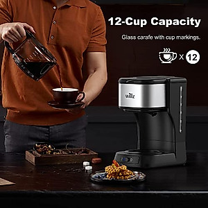 Willz 12-Cup Drip Coffee Maker with Reusable Filter & Coffee Scoop, Large Capacity, Black with Stainless Steel Trim