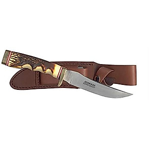 Uncle Henry 153UH Golden Spike Fixed Blade Knife with 5in High Carbon S.S. Blade, Staglon Handle, Sharpening Stone, Full Tang, and Leather Sheath for Hunting, Skinning, Camping, and Outdoors
