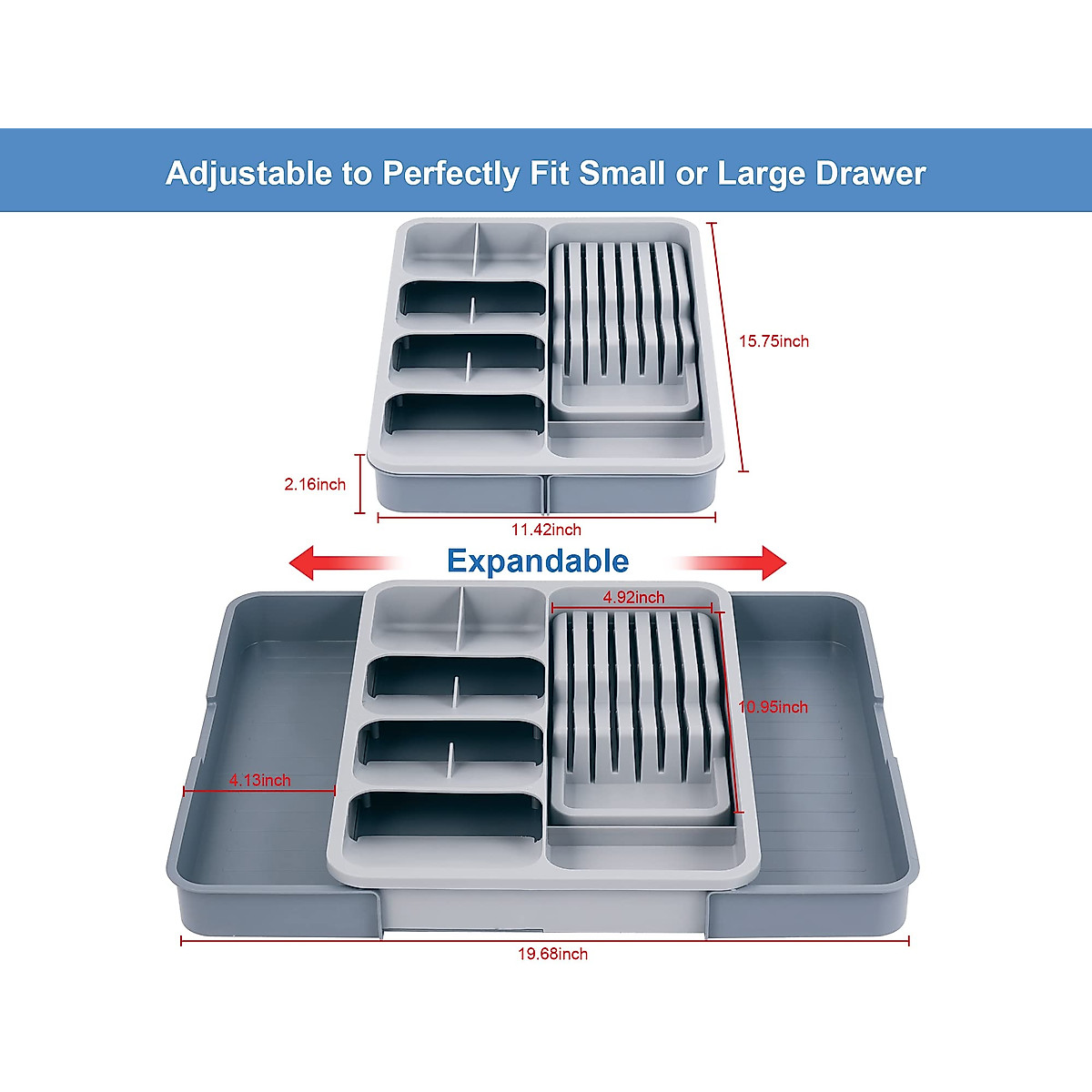 SOMIER Kitchen Utensil Drawer Organizer, Removable 2-Tier Knife Holder, Expandable Cutlery Tray for Silverware, Flatware and Utensils, Large Kitchen Drawer Dividers for Spoons, Forks, Knives, Gray