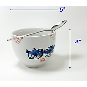 ラーメンボウル [Set of 2] Japanese Porcelain Ceramic Bowls w Chopsticks Ramen Soup Noodle Porridge Menudo Ramen Udon Pasta Cereal Ice cream Pho Rice Instant Noodle ~ We Pay Your Sales Tax (Puffer Fish)