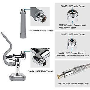 KANONEY Commercial Sink Sprayer with 45" Flexible Stainless Steel Hose, Pre-Rinse Dish Spray Valve Replacement Kit Assembly Sprayer Nozzle Head for Industrial Restaurant Kitchen Faucets, Gray