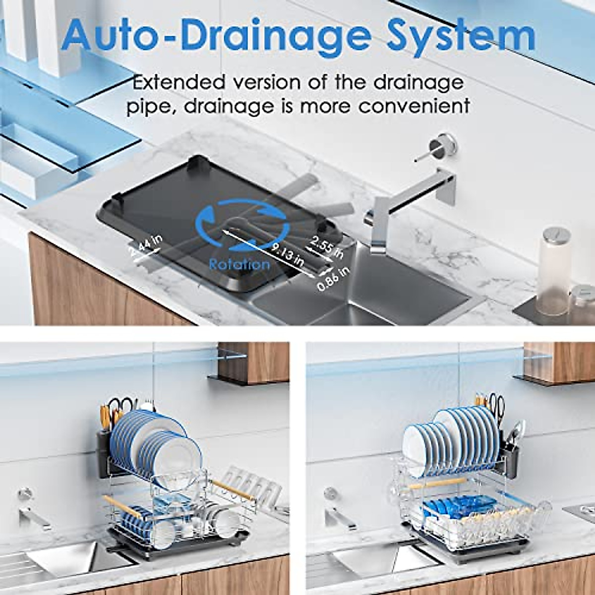 G-TING Dish Drying Rack, 2 Tier Detachable Dish Rack and Drainboard Set, Rust-Proof Drying Rack for Kitchen Counter, Large Capacity Dish Drainer with Utensils Holder and Cup Rack, Silver