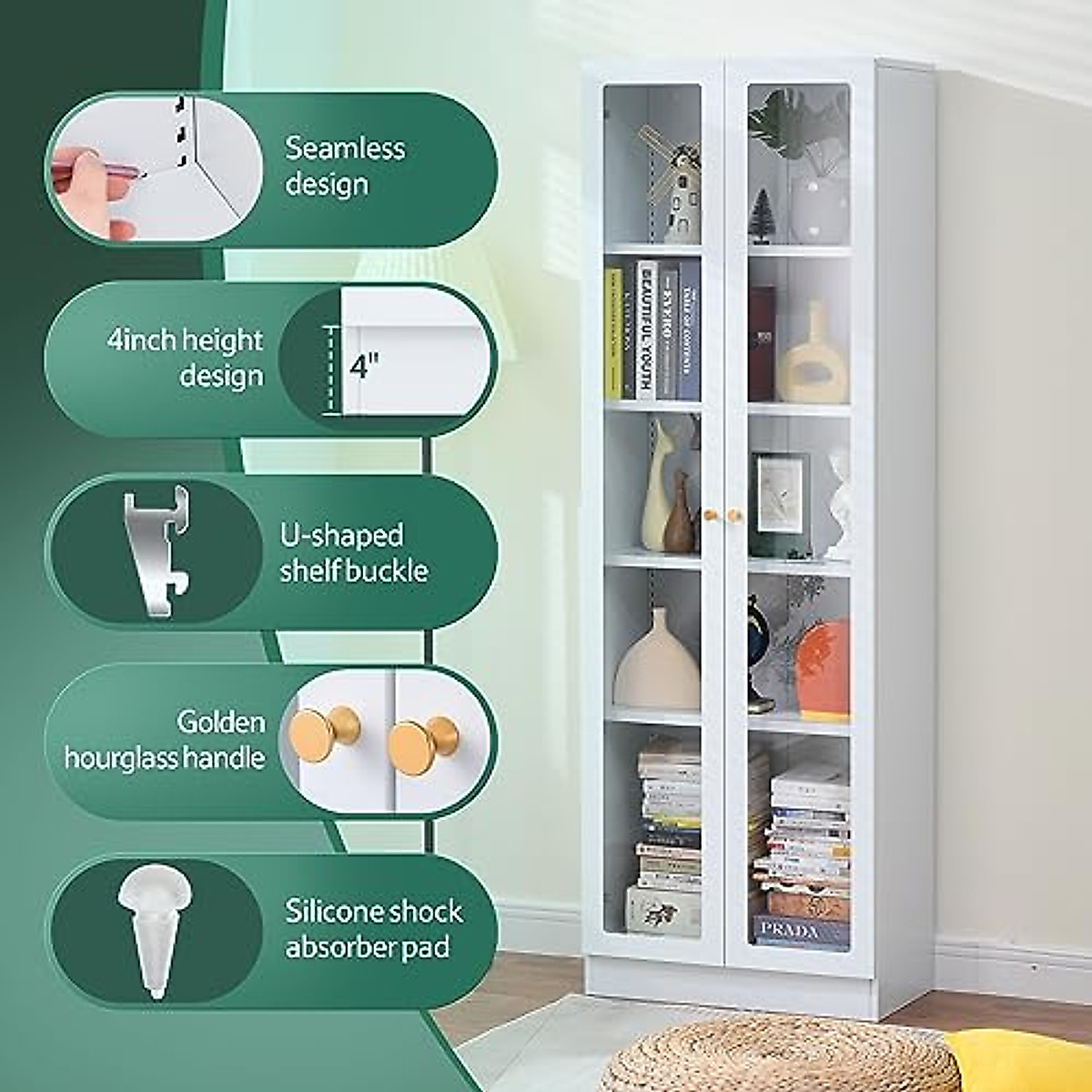 IRONMIX Enclosed Bookshelf with Acrylic Door and Adjustable Shelves, 70 Inch Tall Storage Cabinet 5 Tier, Dust Proof Display Shelf for Home, Office - White