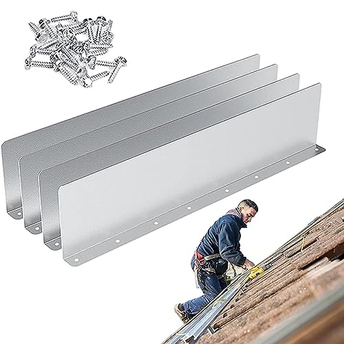 Meokro 4 Pcs Gutter Valley Splash Guards Aluminum Roof Valley Splash Shield Straight Rain Diverter Roofing Gutter Guards with 32 Screws for House Shingle Roofs Corner