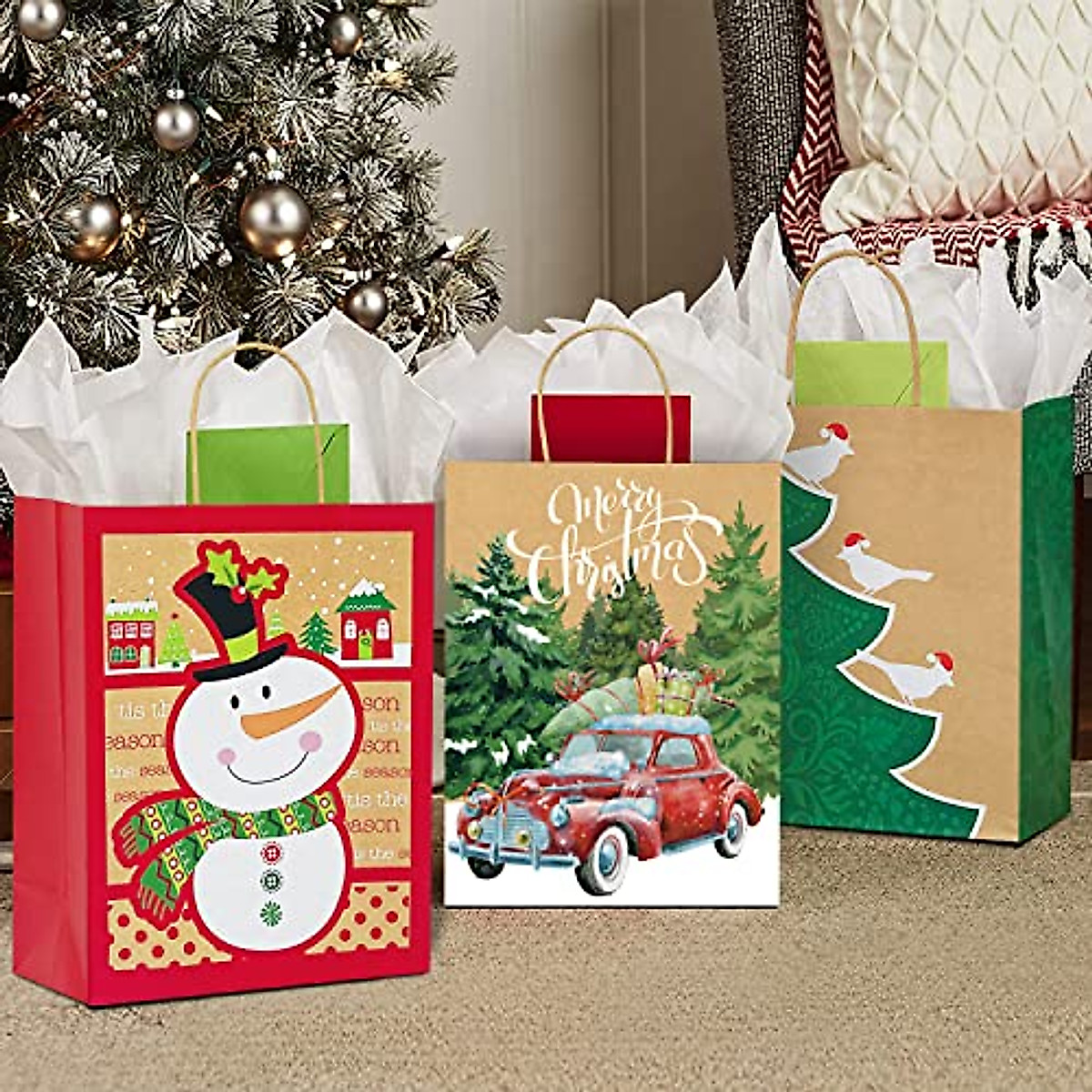 24 Large Kraft Christmas Gift Paper Bags Bulk with handles and 60 Count Christmas Gift Tags-12 Designs big size sacks set for Wrapping Xmas Holiday Presents