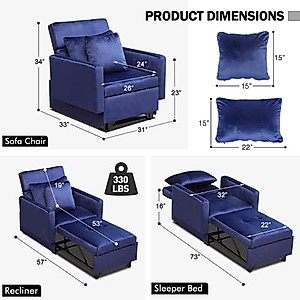 CDCASA Convertible Chair Bed, 3-in-1 Sleeper Chair Sofa with Adjustable Backrest, 2 Pillows, Into a Lounger Chair, Sofa Bed, Armchair for Living Room, Small Spaces, Apartment, PLush Fabric Blue, 1 PCS