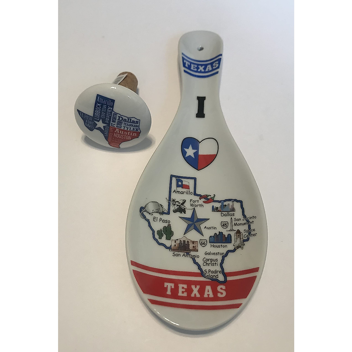 Texas Spoon Rest Ceramic, Texas Souvenir Collectible Spoons Rest And Texas Ceramic Wine Stopper 2 Item Value Pack (I Love Texas With Map Design)