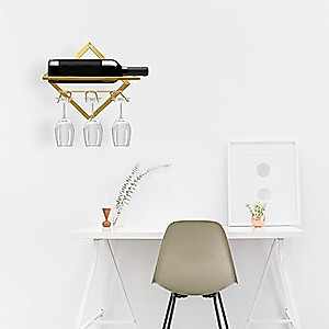 Wall Mounted Wine Rack, Foldable Metal Wine Bottle Racks with 3 Stemware Holders, Hanging Shelf for Home, Kitchen, Bar Wall Decor (Gold)