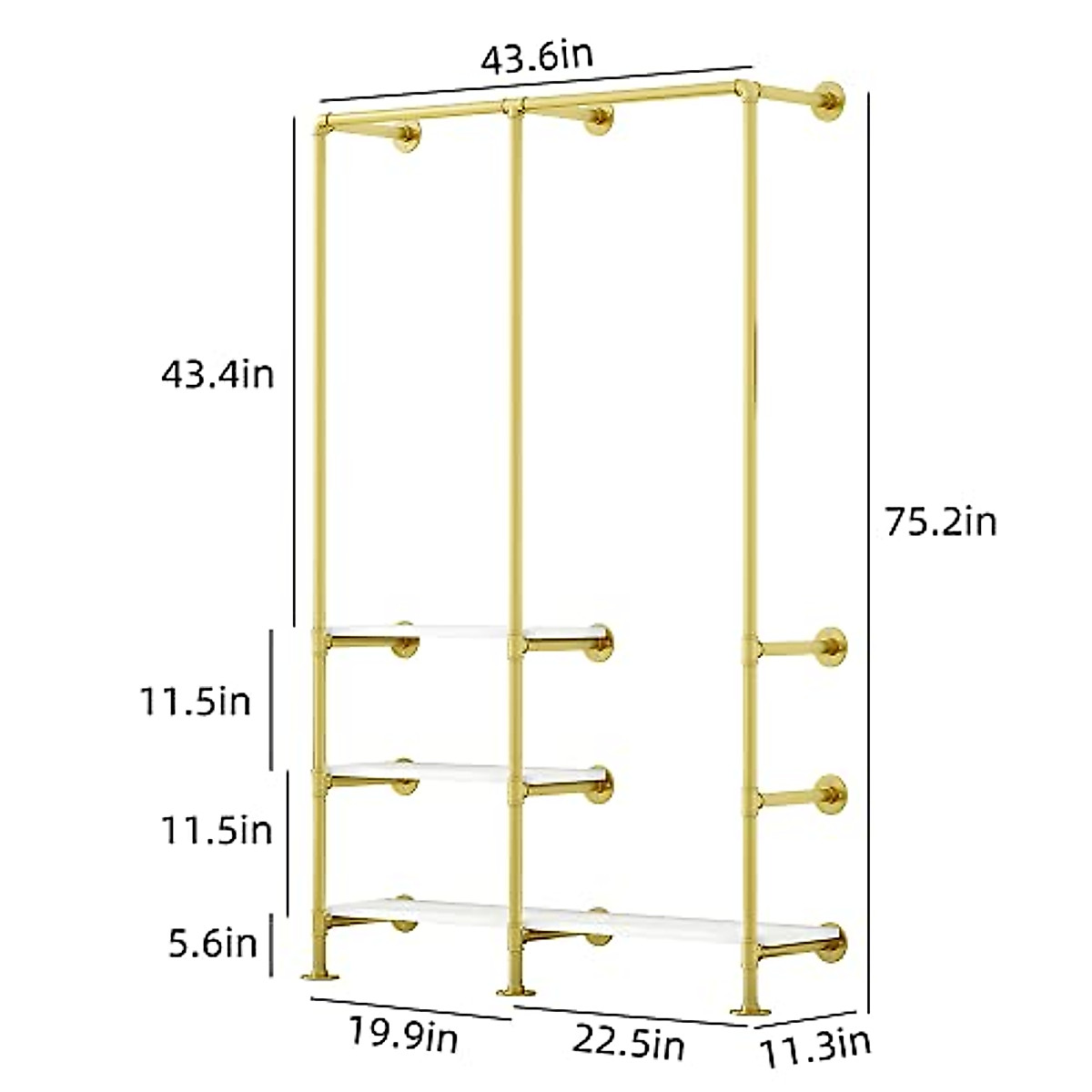 HEONITURE Gold Clothing Rack with 3-Tier Shelves, Multi-Purpose Heavy Duty Industrial Pipe Clothes Rack, Wall Mounted Garment Hanging Rods for Closet and Bedroom (Gold)