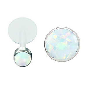 White Fire Synthetic Opal Flex Flexible Bioplastic Labret Monroe Lip Tragus Piercing bar Body Jewelry Ring 14g, 14 Gauge
