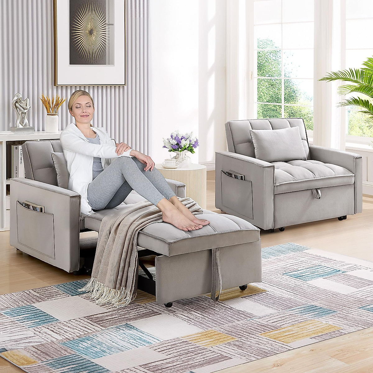 Sleeper Sofa Chair Bed, Convertible Velvet Single Pull Out Sofa Chair, Modern Tufted Living Room Reading Chair with Adjustable Backrest/Pillow for Small Spaces, Apartment, Office, Grey