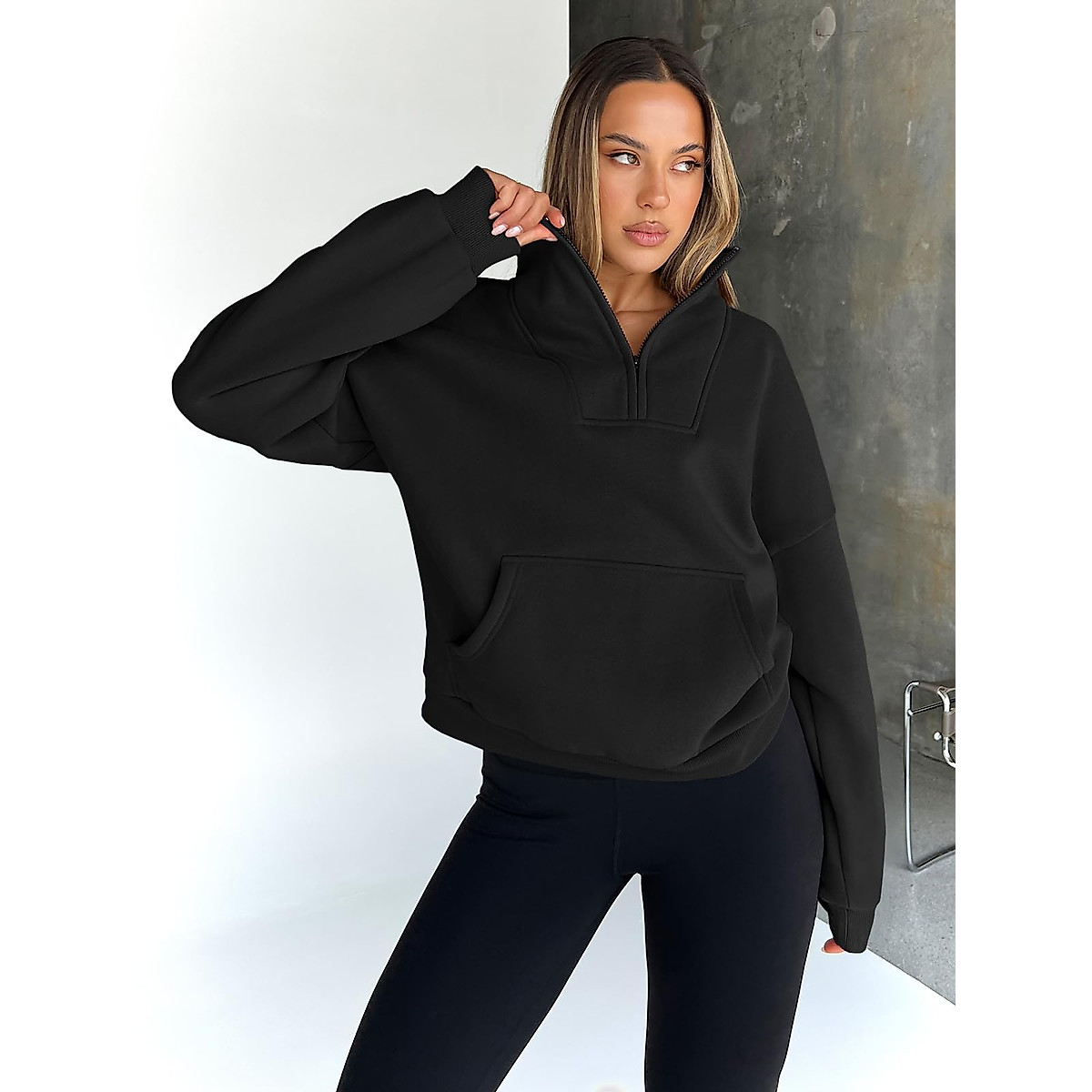 Trendy Queen Sweatshirts Quarter Half Zip Pullover Oversized Hoodies Sweaters Comfy Fall Outfits 2025 Y2K Winter Clothes Black L