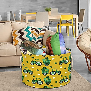 Checkered Tractor Clover Leaves St Patrick's Large Round Baskets for Storage Laundry Baskets with Handles Blanket Storage Basket for Bathroom Shelves Bins for Organizing Nursery Hamper Girl Boy