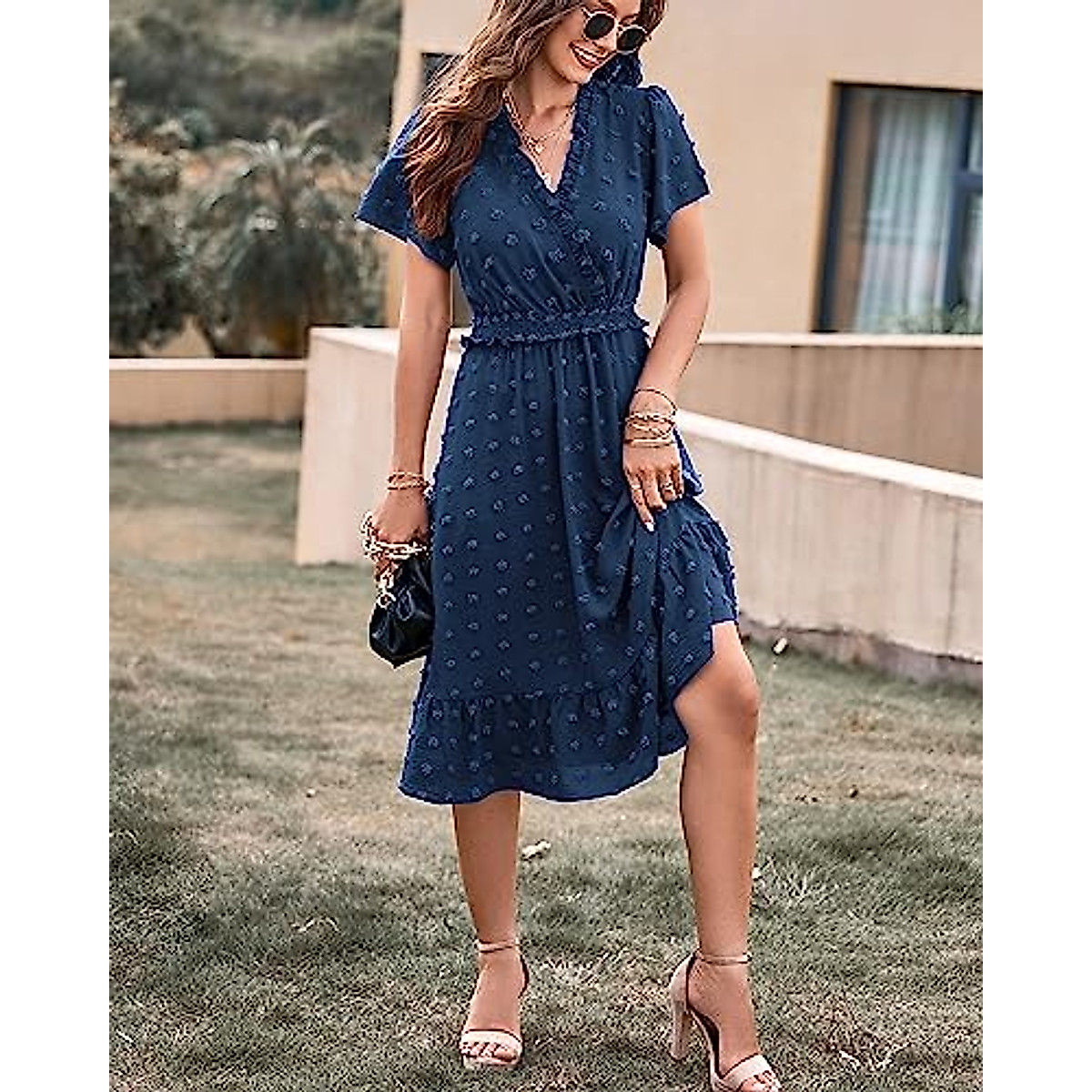 BTFBM Women's Summer Elegant Short Sleeve V Neck Swiss Dot Midi Dresses Cute Boho High Waist Long Dresses A-Line Ruffle Dress（Solid Navy,Large