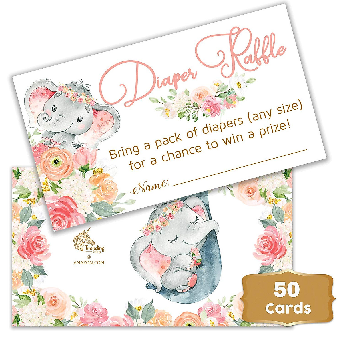 Elephant Boho Floral - Baby Shower Floral Diaper Raffle Tickets (50 Count) | Girl Baby Shower Game | Pink Elephant Flowers Diaper Raffle Tickets for Baby Shower | Fun Baby Shower Activities