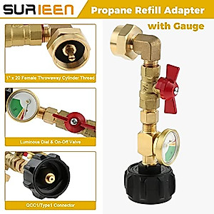 QCC1 Propane Refill Elbow Adapter with Propane Tank Gauge, 90 Degree Propane Refill Adapter with ON/Off Control Valve, QCC1 Propane Tank Refill Adapter for Camping Grill 1LB from 5-40LBS Cylinder