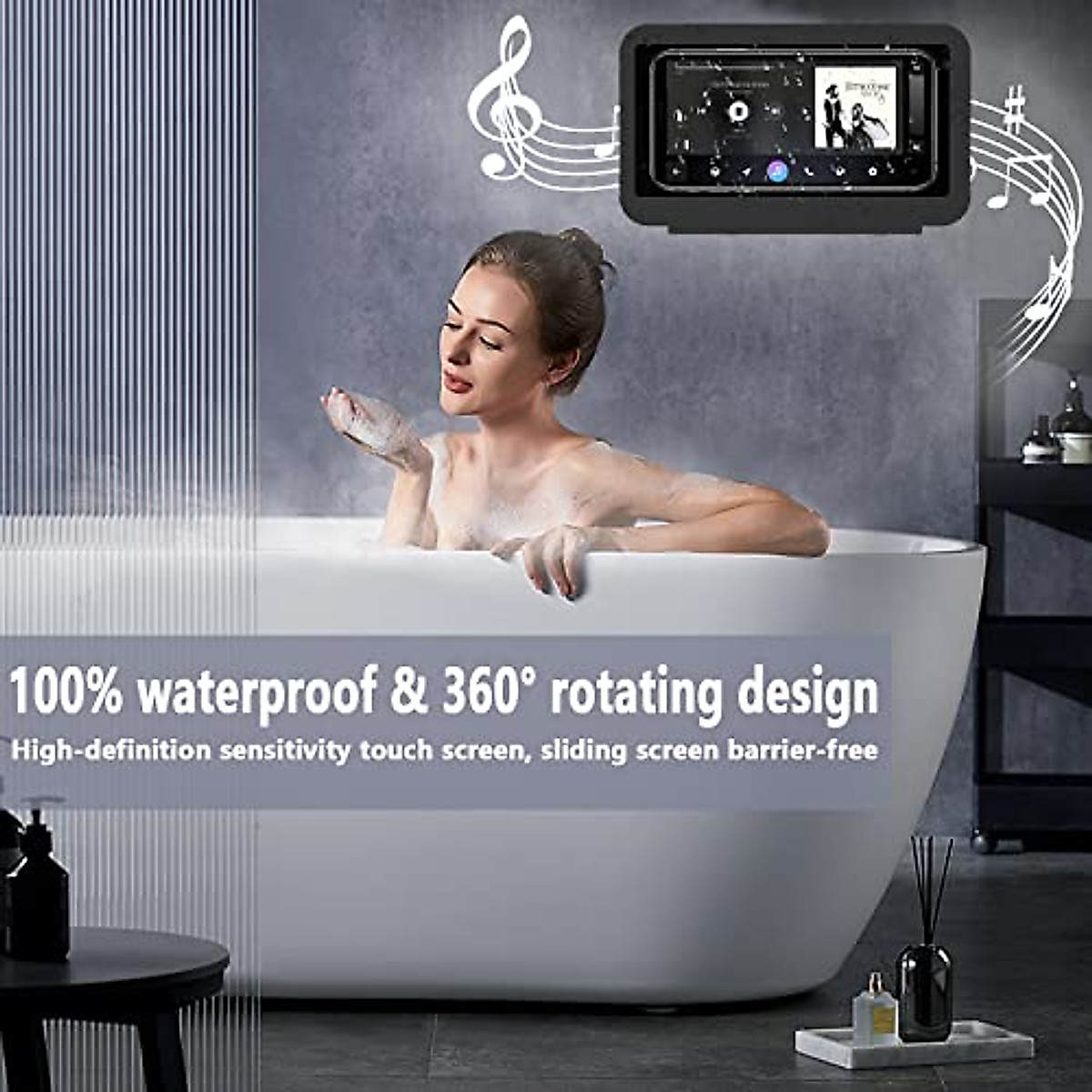 Shower Phone Holder Waterproof - Anti Fog High Sensitivity Touch Screen, 360°Rotation Wall Mount Shower Case for Phone for Bathroom Wall Mirror Bathtub Kitchen, Compatible with Under 7 Inch(Black)