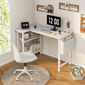 DLisiting White L Shaped Computer Desk with Power Outlet Shelves, 40 Inch Small Corner Desk for Small Space Home Office, Study Work PC Desks for Bedroom, White