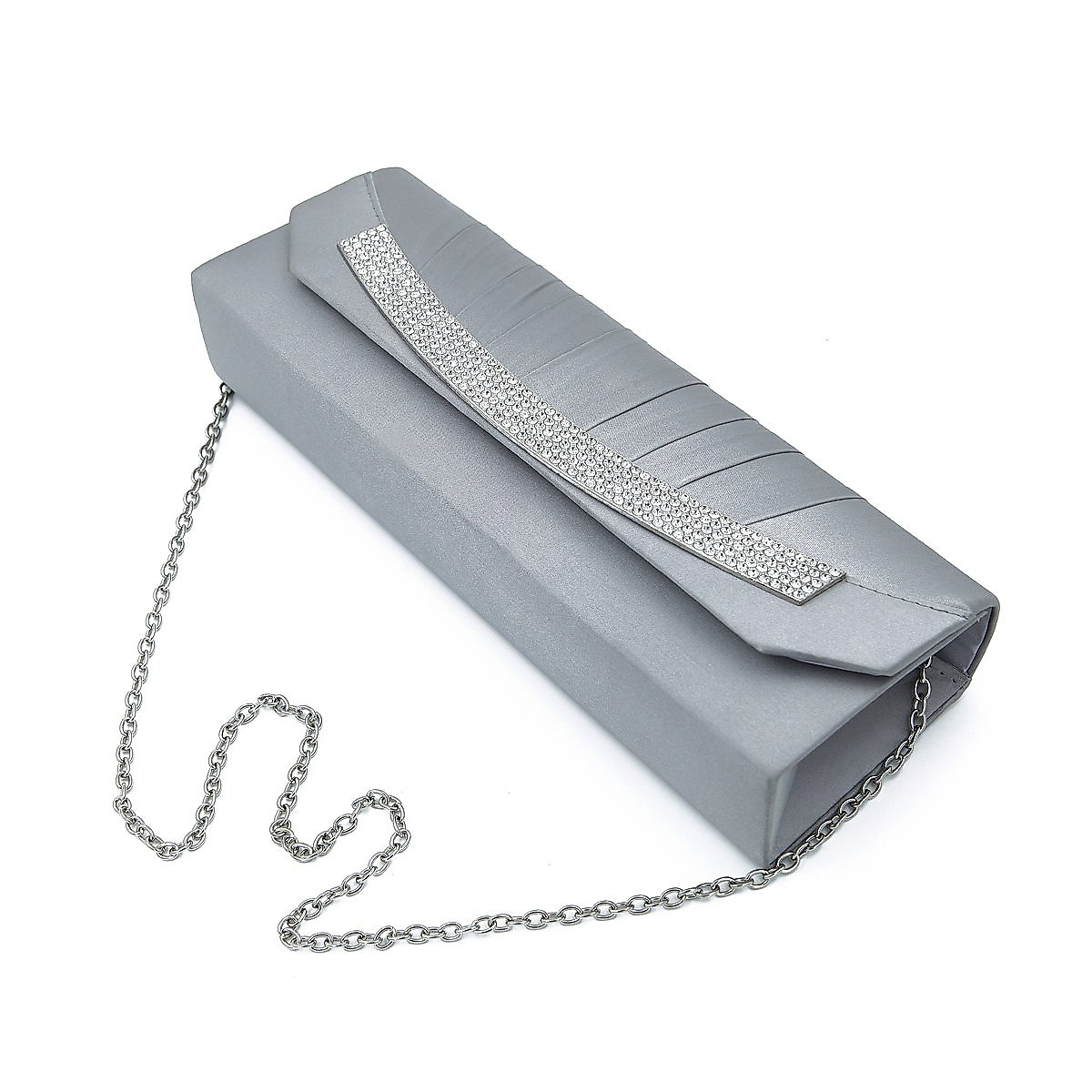TrendsBlue Elegant Pleated Satin Flap Rhinestones Clutch Evening Bag, Grey