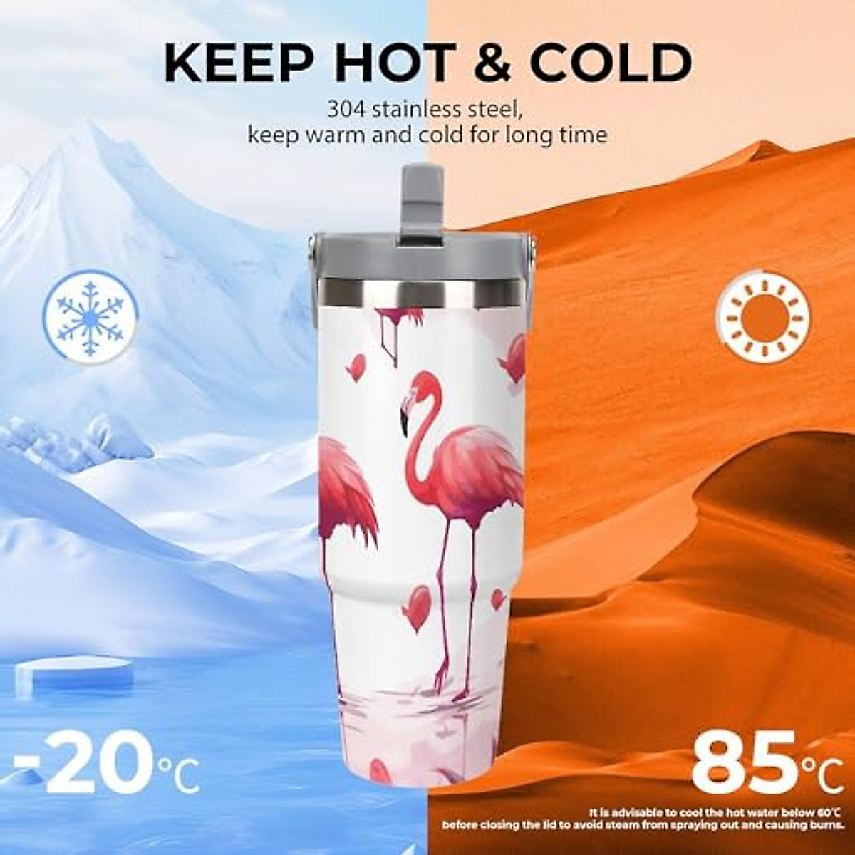 RTFGHJS Lovely Flamingos 30 Oz Tumbler with Handle And Flip Straw, Stainless Steel Vacuum Insulated Travel Mug, Thermal Cup for Coffee, Water, Iced Drinks, Fits Car Cup Holders (Home, Sports)