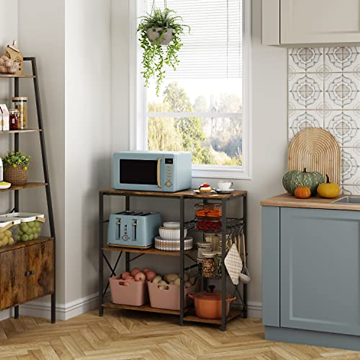 Hoctieon 3 Tier Microwave Oven Shelf, Microwave Storage Kitchen Storage Rack with 4 Hooks, Microwave Stand with 2 Slide-Out Baskets,Kitchen Baker's Rack, Microwave Oven Stand