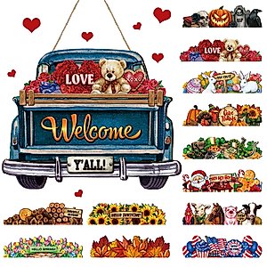 Ferraycle Interchangeable Easter Door Sign for Front Door Farmhouse Truck Decor Rustic Hanging Welcome Sign with 12 Interchangeable Seasonal Holiday Decor for easter(Cute Color)