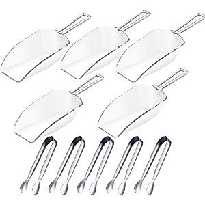 Cszlove 5Pcs Ice Tongs and 5Pcs Plastic Measuring Scoops, Serving Tongs Food Scoops Set for Sweet Candy Coffee Ice Bucket Bar Kitchen Wedding Birthday Party, Silver, Clear, 4.3'', 8.2''