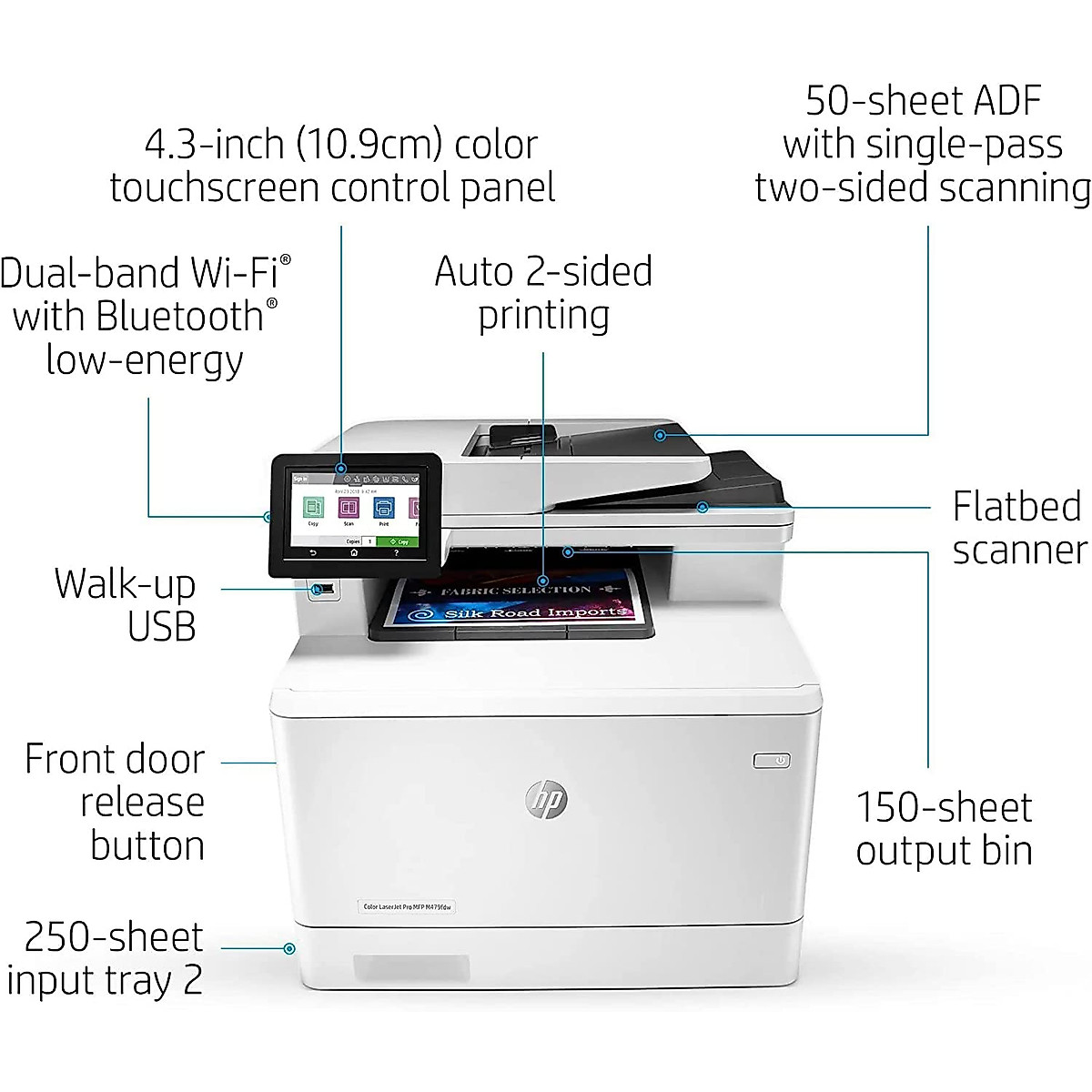 HP Laserjet Pro M479fdw All-in-One Wireless Color Laser Printer, White - Print Scan Copy Fax - 28 ppm, 600x600 dpi, 50-Sheet ADF, Auto Duplex Printing, Ethernet, Cbmou Printer＿Cable