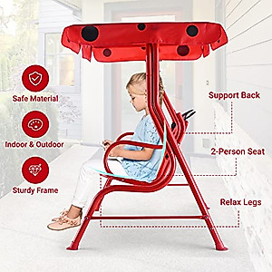 Costzon Patio Swing,All-Weather Porch Swing w/Safety Belt, 2 Seats Outdoor Lounge Chair Hammock w/Removable Canopy, Outdoor Swing Bench for Backyard Lawn Garden (Ladybug Pattern,Red)