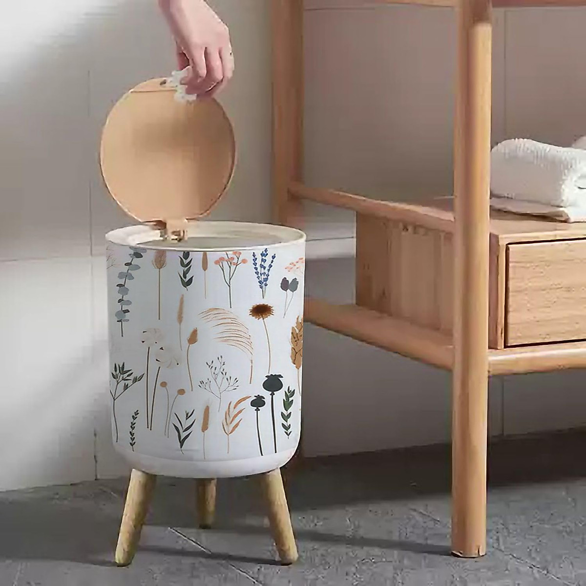 Small Trash Can with Lid for Bathroom Kitchen Office Diaper set boho plants Beautiful wild flowers Collection floral elements Bedroom Garbage Trash Bin Dog Proof Waste Basket Cute Decorative