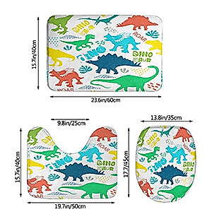 WONDERTIFY Dino Pattern Bathroom Antiskid Pad T-Rex Dinosaur Triceratops 3 Pieces Bathroom Rugs Set, Bath Mat+Contour+Toilet Lid Cover